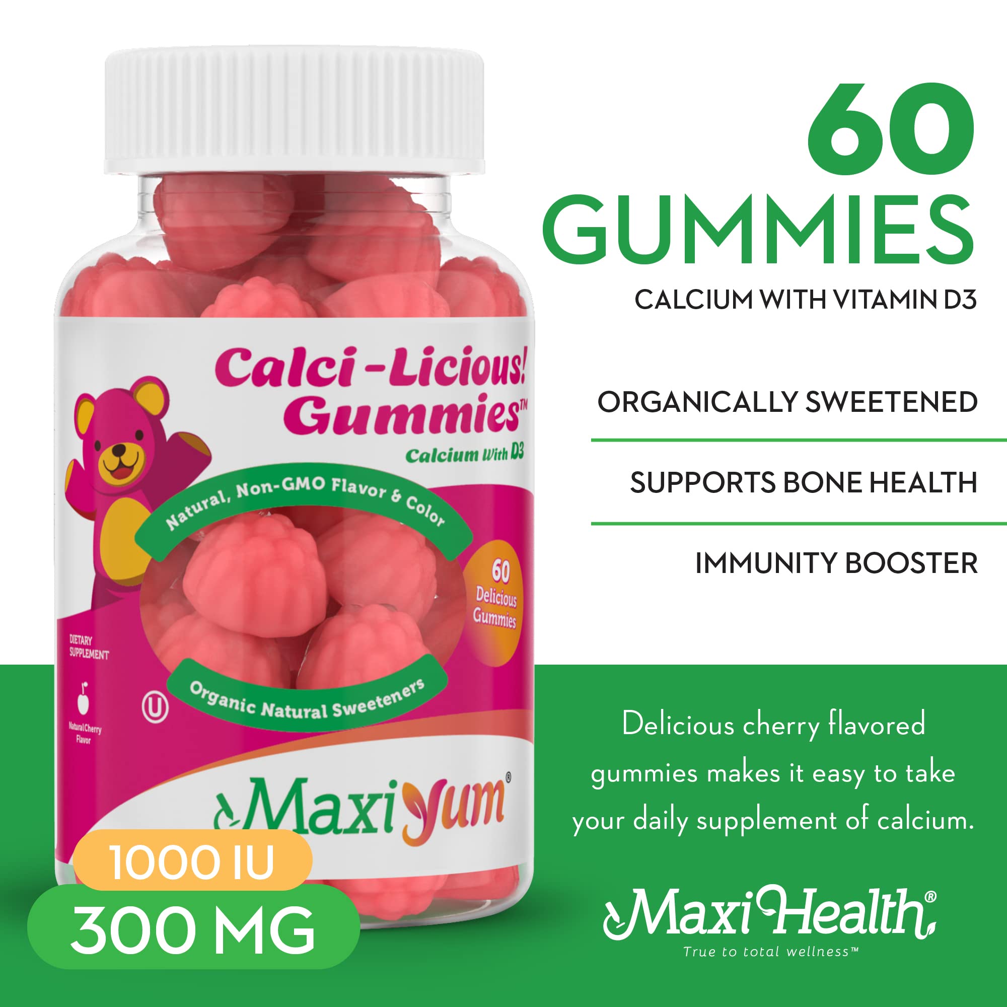 Maxi Health - Calcium Gummies with Vitamin D3 (60 Count) - 300 mg Coral Calcium & 1000 IU Vitamin D Gummy - Chewable Kosher Calcium D3 Gummies for Adults, Women, Men & Kids - Calcium Chews Supplement