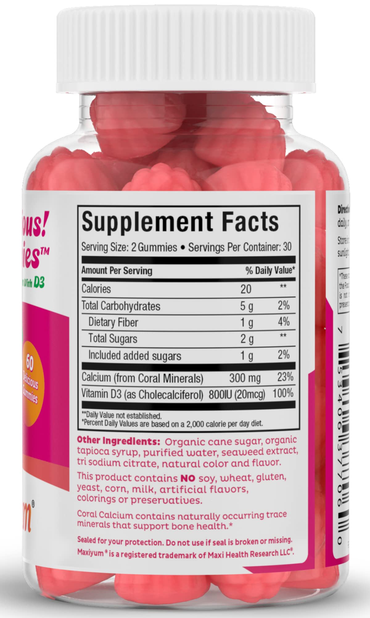 Maxi Health - Calcium Gummies with Vitamin D3 (60 Count) - 300 mg Coral Calcium & 1000 IU Vitamin D Gummy - Chewable Kosher Calcium D3 Gummies for Adults, Women, Men & Kids - Calcium Chews Supplement