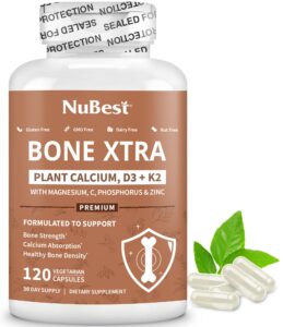 bone xtra - vegan bone strength formula for stronger bones, plant-based calcium from marine algae, vitamins d3, vitamin k2, magnesium, phosphorus & more for teens, adults - 120 caps | 1 month supply