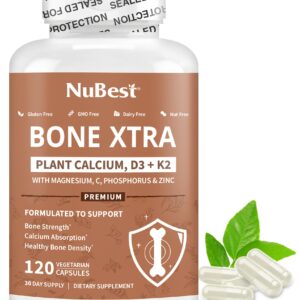 Bone Xtra - Vegan Bone Strength Formula for Stronger Bones, Plant-based Calcium from Marine Algae, Vitamins D3, Vitamin K2, Magnesium, Phosphorus & More for Teens, Adults - 120 Caps | 1 Month Supply