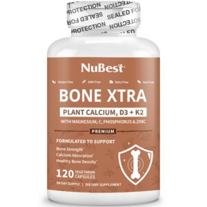 Bone Xtra - Vegan Bone Strength Formula for Stronger Bones, Plant-based Calcium from Marine Algae, Vitamins D3, Vitamin K2, Magnesium, Phosphorus & More for Teens, Adults - 120 Caps | 1 Month Supply