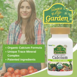 NaturesPlus Source of Life Garden Certified Organic Calcium with AlgaeCal - 1000 mg, 120 Vegan Capsules - Plant-Based Bone Health Support Supplement - Vegetarian, Gluten-Free - 30 Servings