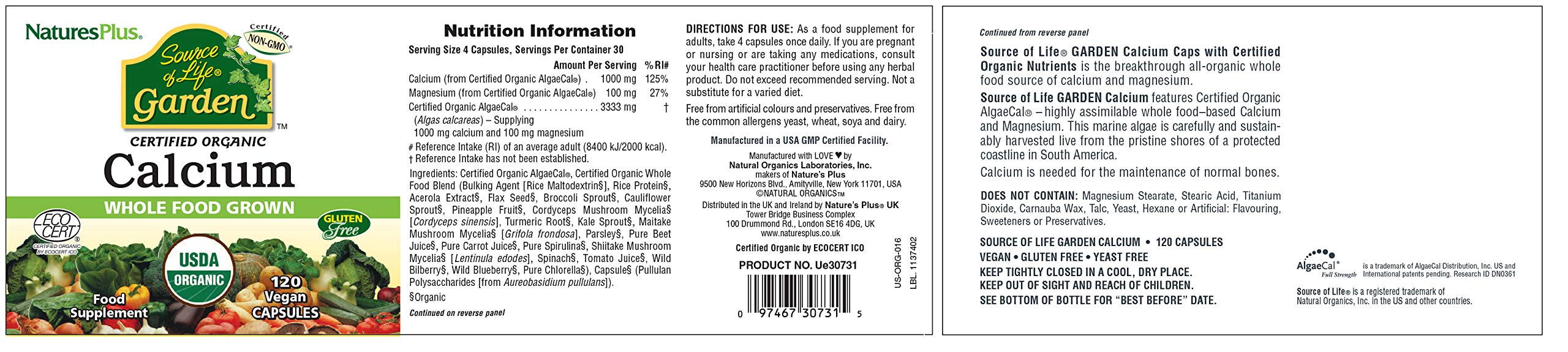 NaturesPlus Source of Life Garden Certified Organic Calcium with AlgaeCal - 1000 mg, 120 Vegan Capsules - Plant-Based Bone Health Support Supplement - Vegetarian, Gluten-Free - 30 Servings