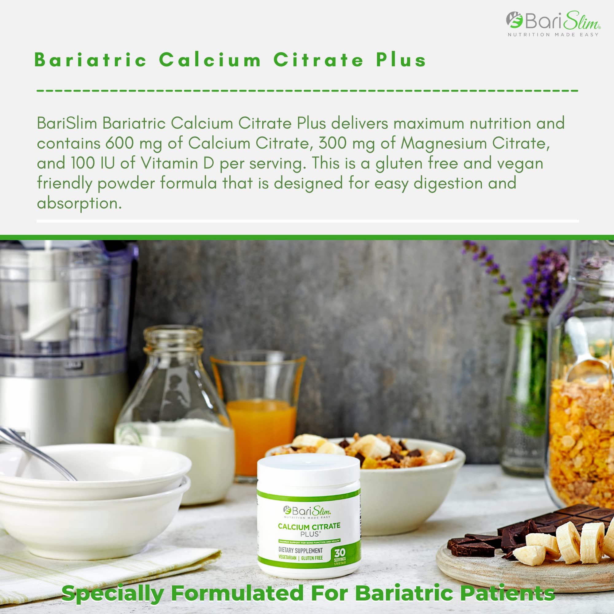 BariSlim Bariatric Calcium Citrate Plus Powder - Formulated for Patients After Weight Loss Surgery - Maximum Support for Bone Function and Health - Easy Digestion and Absorption | 600 mg (30 Servings)