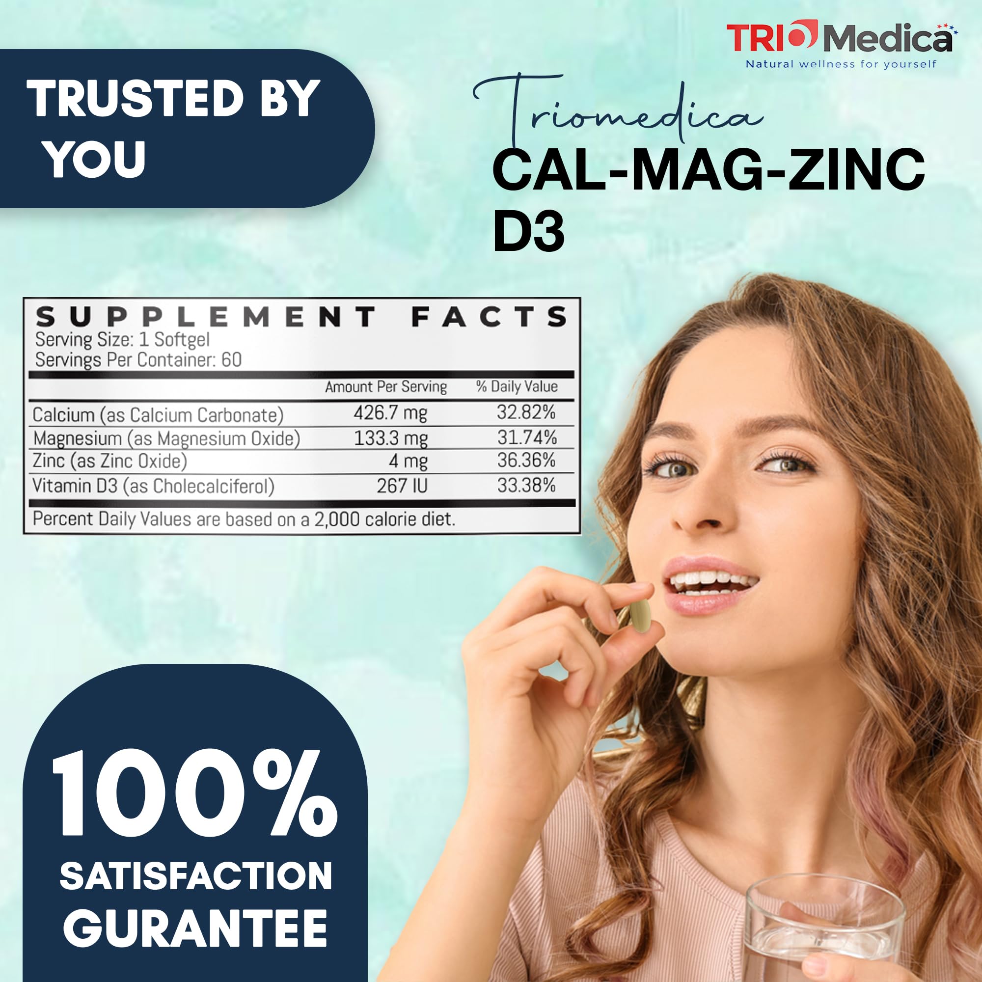 Cal-Mag-Zinc D3 Dietary Supplement (Calcium Magnesium Zinc & Vitamin D3) | Immune, Bones & Teeth Support | Non-GMO | Vegan | Gluten Free | Dairy Free | Kosher | 60 Softgels | (60 Count (Pack of 1))