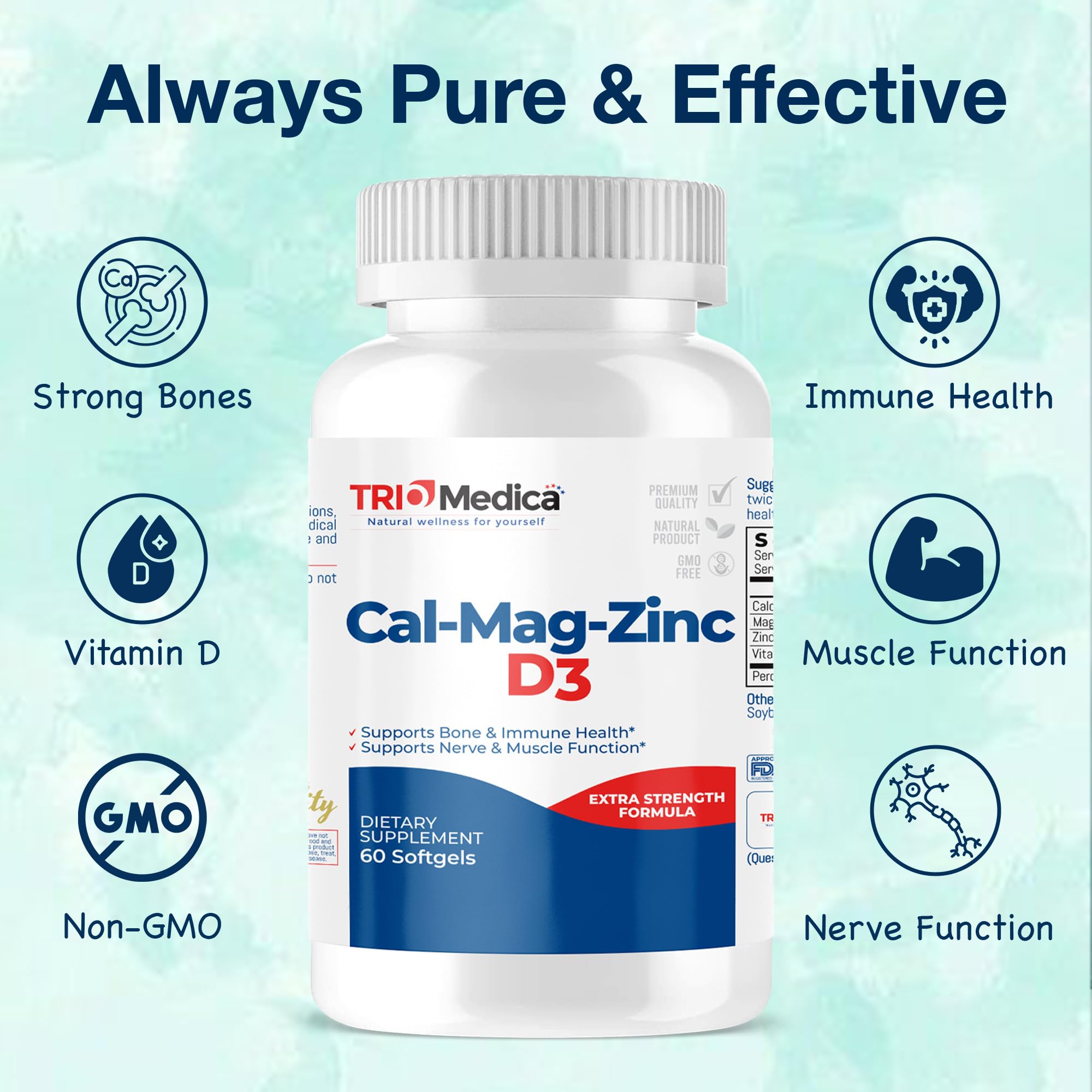 Cal-Mag-Zinc D3 Dietary Supplement (Calcium Magnesium Zinc & Vitamin D3) | Immune, Bones & Teeth Support | Non-GMO | Vegan | Gluten Free | Dairy Free | Kosher | 60 Softgels | (60 Count (Pack of 1))