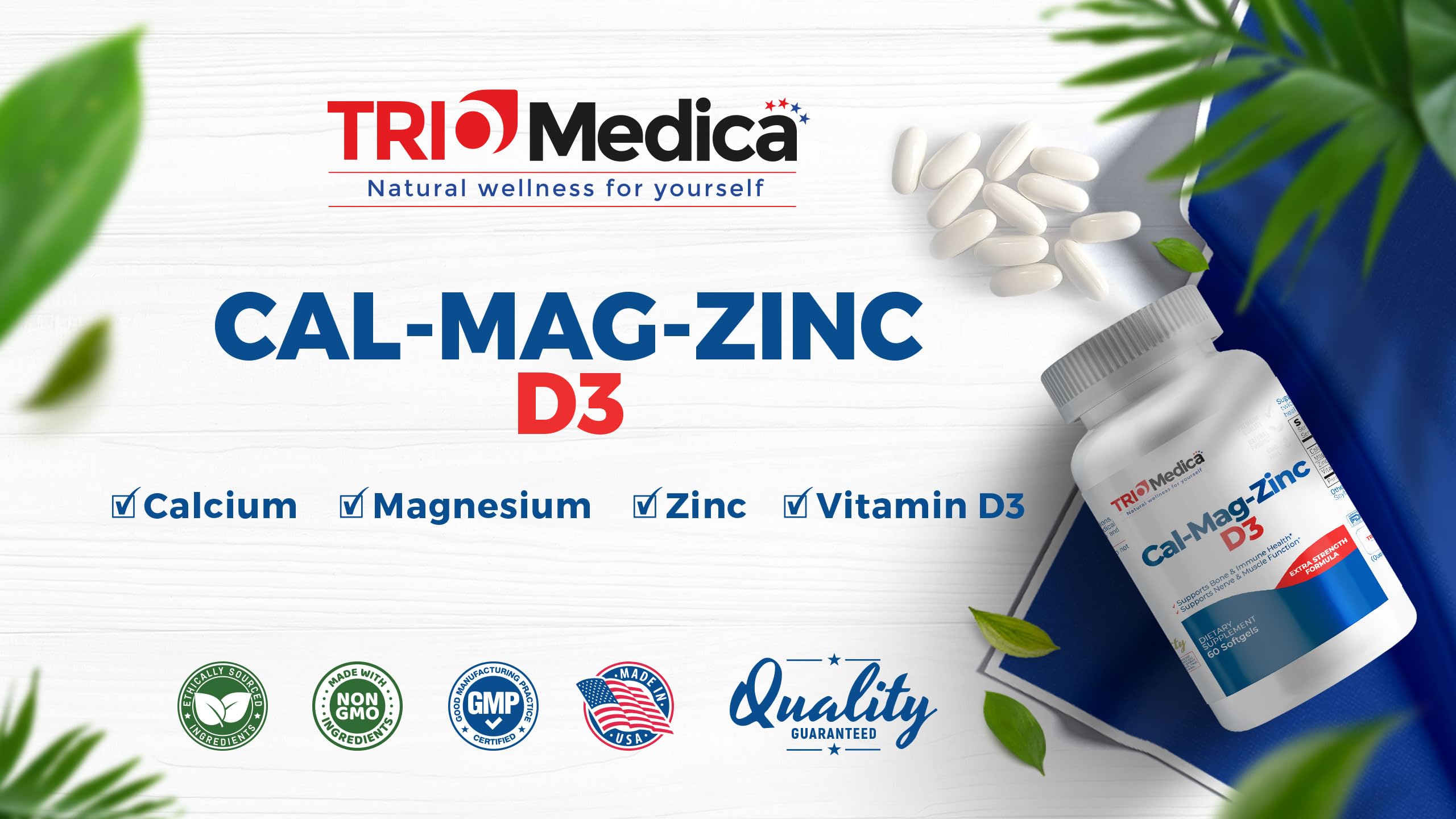 Cal-Mag-Zinc D3 Dietary Supplement (Calcium Magnesium Zinc & Vitamin D3) | Immune, Bones & Teeth Support | Non-GMO | Vegan | Gluten Free | Dairy Free | Kosher | 60 Softgels | (60 Count (Pack of 1))