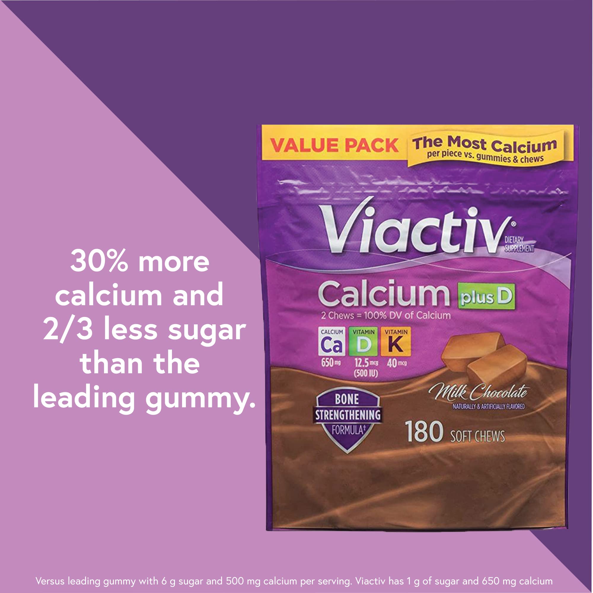 Viactiv Calcium Plus Vitamin D Supplement Soft Chews, Brown, Milk Chocolate, 180 Count