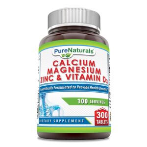 pure naturals calcium magnesium zinc vitamin d3 supplement | calcium 1000mg, magnesium 400mg, zinc 25mg, vitamin d3 600 iu | non-gmo | gluten free (300 tablets)