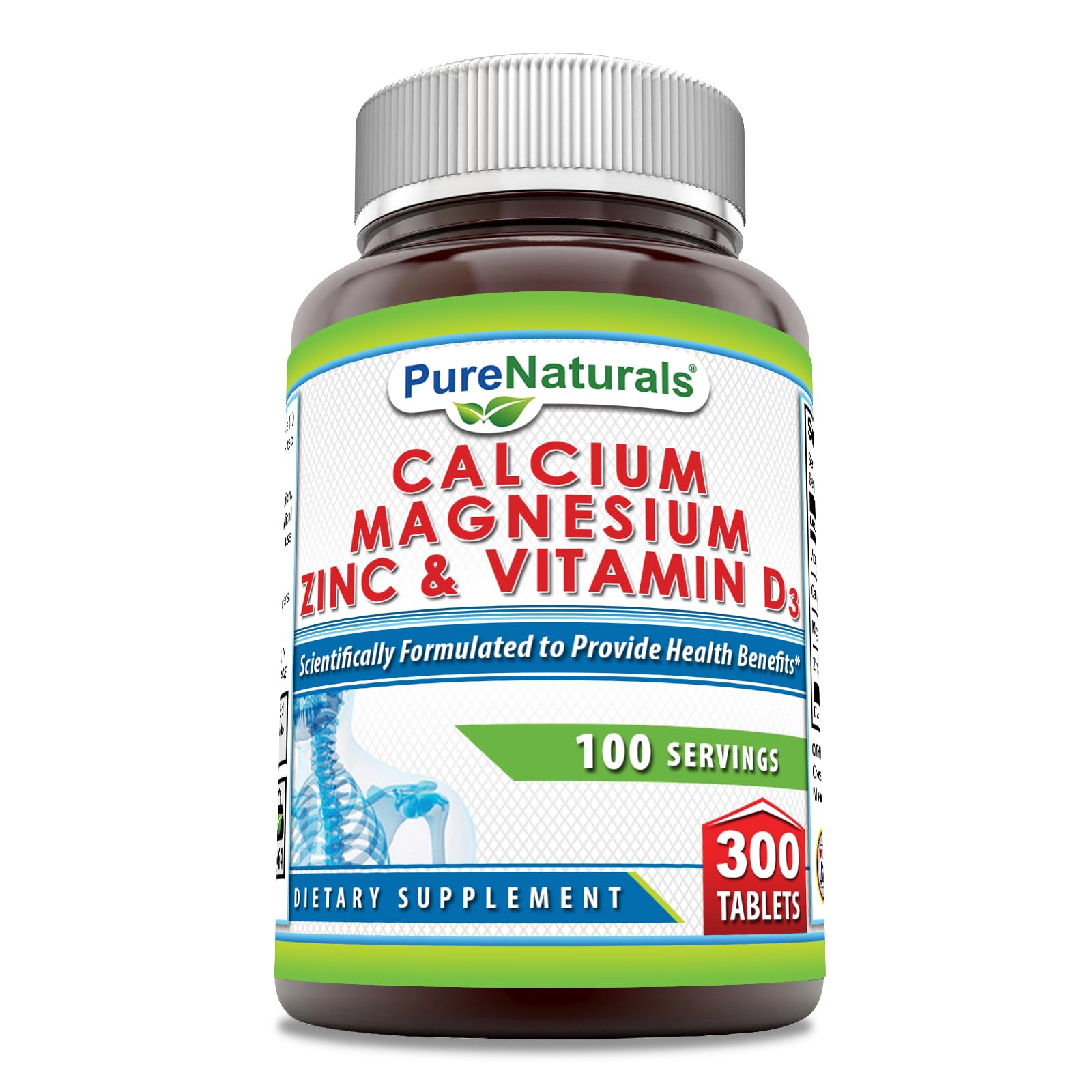 Pure Naturals Calcium Magnesium Zinc Vitamin D3 Supplement | Calcium 1000mg, Magnesium 400mg, Zinc 25mg, Vitamin D3 600 IU | Non-GMO | Gluten Free (300 Tablets)