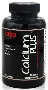 saba calcium plus - bone strength - calcium, magnesium, potassium, vitamin d, zinc, betaine - gmo, soy, gluten free ingredients - whole food supplement for bone health, immune - 90 caplets