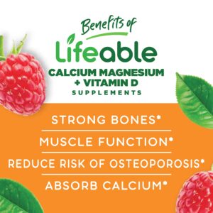 Lifeable Calcium Magnesium and Vitamin D Gummies - Great Tasting Natural Flavor Vitamin Supplements - Gluten Free GMO Free Chewable - for Bone Health Support - for Children, Teens - 90 Gummies