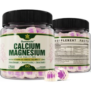 plant based calcium supplement 600mg with vitamin d3 k2, zinc for bone strength, sustainably sourced algae calcium magnesium 2:1 ratio, sugar free calcium gummies 70+ trace minerals, vegan, 60 counts