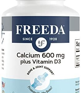 Freeda Calcium 600 mg Vitamin D3 400 IU Tablets - Bone Support Calcium Supplement plus Vitamin D for Absorption - Kosher, Gluten Free Easy To Swallow Coated Calcium D3 Tablets for Women & Men (100 Ct)