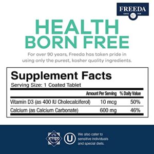 Freeda Calcium 600 mg Vitamin D3 400 IU Tablets - Bone Support Calcium Supplement plus Vitamin D for Absorption - Kosher, Gluten Free Easy To Swallow Coated Calcium D3 Tablets for Women & Men (100 Ct)