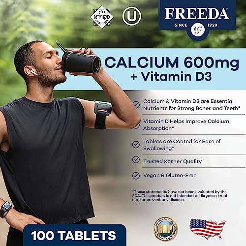 Freeda Calcium 600 mg Vitamin D3 400 IU Tablets - Bone Support Calcium Supplement plus Vitamin D for Absorption - Kosher, Gluten Free Easy To Swallow Coated Calcium D3 Tablets for Women & Men (100 Ct)