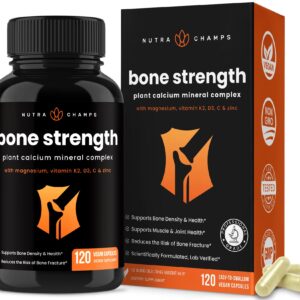 Bone Strength Supplements | Plant Based Calcium Supplement 600mg | Vitamin D3 2000 IU, K2, Magnesium, Potassium, Zinc, Boron & Strontium | Whole Food Supplement for Bone Health | 120 Vegan Capsules