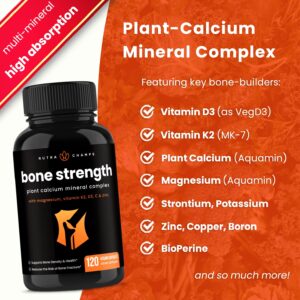 Bone Strength Supplements | Plant Based Calcium Supplement 600mg | Vitamin D3 2000 IU, K2, Magnesium, Potassium, Zinc, Boron & Strontium | Whole Food Supplement for Bone Health | 120 Vegan Capsules