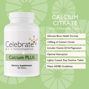 Celebrate Vitamins Calcium Plus Bariatric Calcium Citrate Non-Chewable Tablet with Vitamin D3 and Magnesium, 1200mg, Sugar-Free & Gluten-Free Calcium Citrate for Bariatric Patients, 180 count