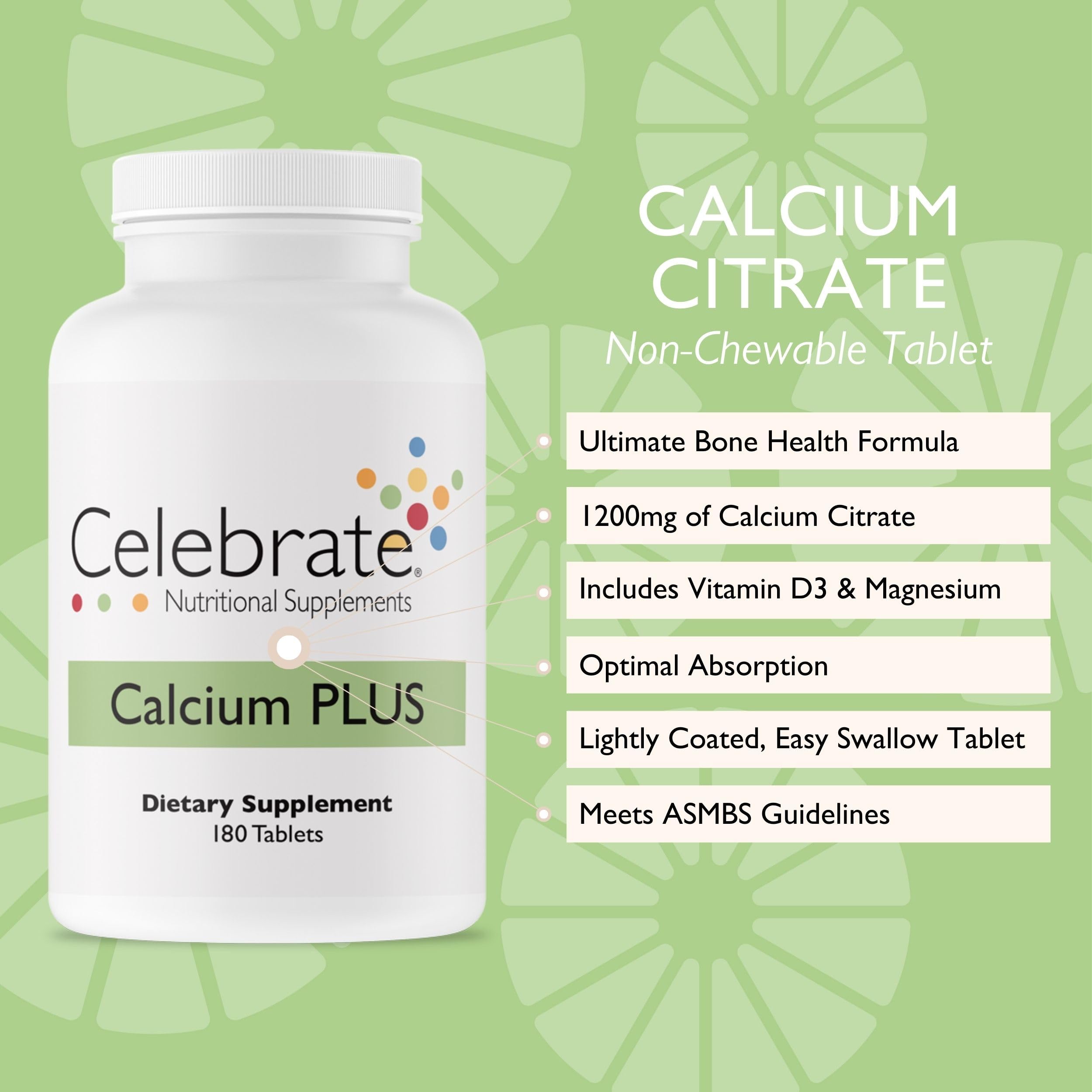 Celebrate Vitamins Calcium Plus Bariatric Calcium Citrate Non-Chewable Tablet with Vitamin D3 and Magnesium, 1200mg, Sugar-Free & Gluten-Free Calcium Citrate for Bariatric Patients, 180 count