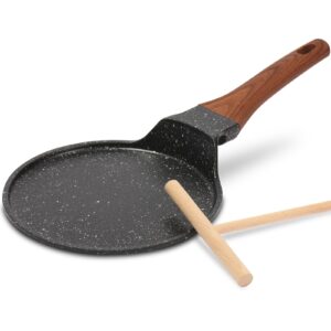 eslite life 8 inch crepe pan with spreader, nonstick granite coating mini flat skillet dosa tawa comales para tortillas pancake pan, ptfe & pfoa free, black