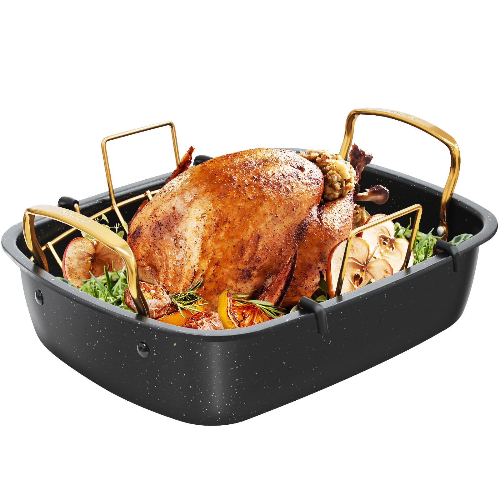 Slow Slog Roasting Pan, 17 Inch x 13 Inch Roaster with Removable Rack, Nonstick Roaster Pan for Roasting Turkey, Meat & Vegetables (Gold)