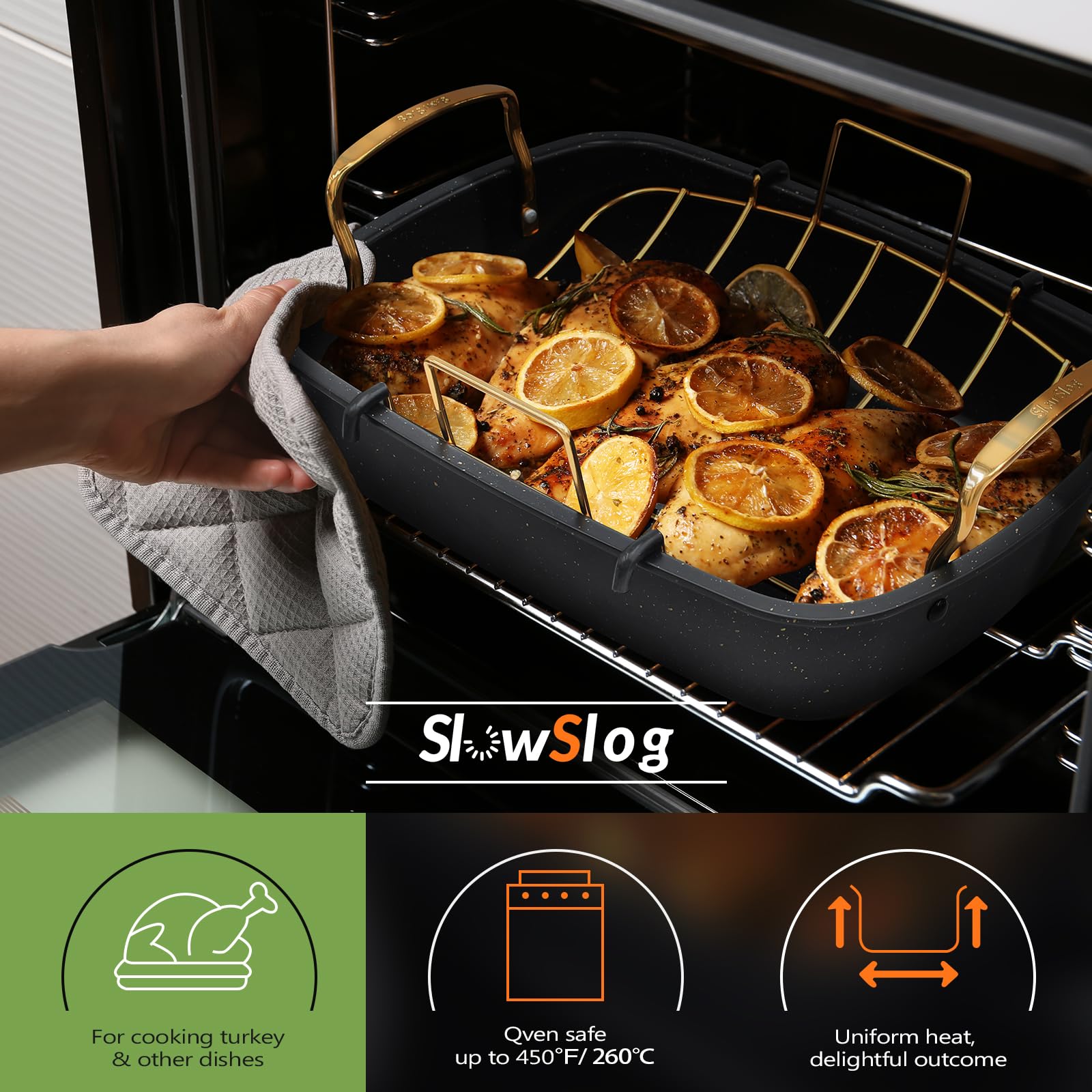 Slow Slog Roasting Pan, 17 Inch x 13 Inch Roaster with Removable Rack, Nonstick Roaster Pan for Roasting Turkey, Meat & Vegetables (Gold)