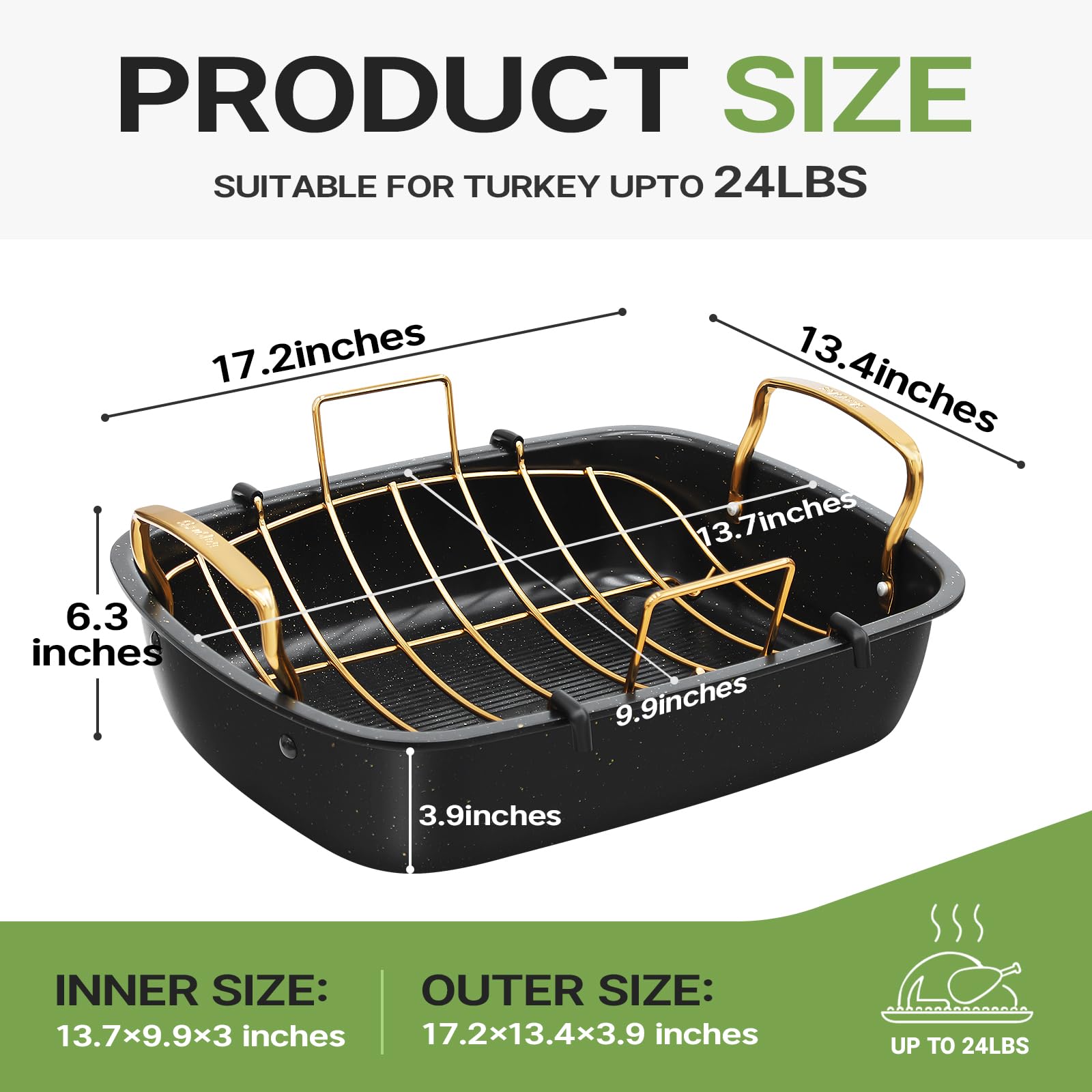 Slow Slog Roasting Pan, 17 Inch x 13 Inch Roaster with Removable Rack, Nonstick Roaster Pan for Roasting Turkey, Meat & Vegetables (Gold)