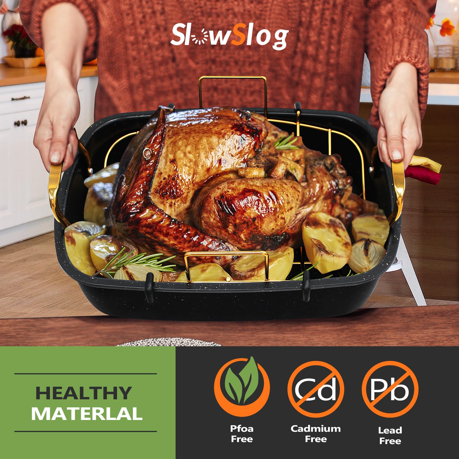 Slow Slog Roasting Pan, 17 Inch x 13 Inch Roaster with Removable Rack, Nonstick Roaster Pan for Roasting Turkey, Meat & Vegetables (Gold)