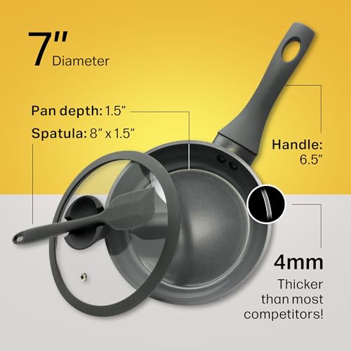 NATIVO Ceramic Nonstick Frypan Skillet, 7 inch Nontoxic Fry Pan with Ergonomic Handle, Spoon Rest Knob, Perfect Seal Lid, Egg frying pan, Omelet Pan with Silicone Spatula (GRAY)