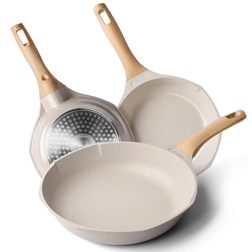 Nonstick Frying Pan Set - Granite Induction Pans for Cooking Omelette Non-Stick Cookware Set, Healthy Kitchen Skillet Non Sticking Stone Pot and Pan Set (8", 9.5" & 11") Beige