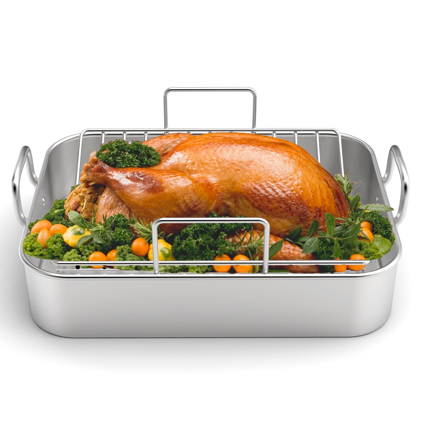 Roasting Pan, EWFEN 17*13 Inch Stainless Steel Turkey Roaster with Rack - Deep Broiling Pan & V-shaped Rack & Flat Rack, Non-toxic & Heavy Duty, Great for Thanksgiving Christmas Roast Chicken Lasagna