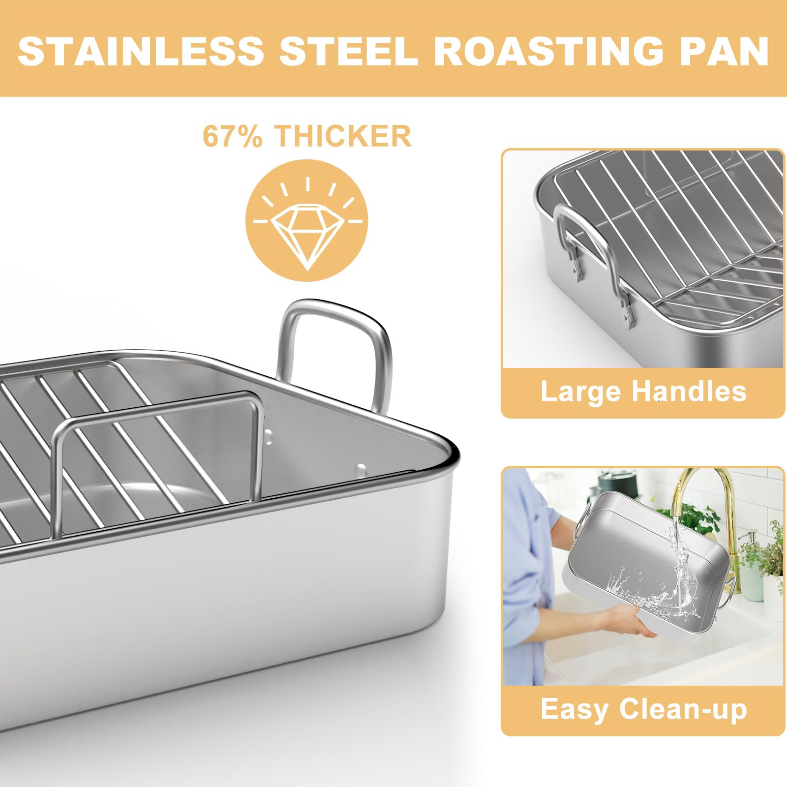 Roasting Pan, EWFEN 17*13 Inch Stainless Steel Turkey Roaster with Rack - Deep Broiling Pan & V-shaped Rack & Flat Rack, Non-toxic & Heavy Duty, Great for Thanksgiving Christmas Roast Chicken Lasagna