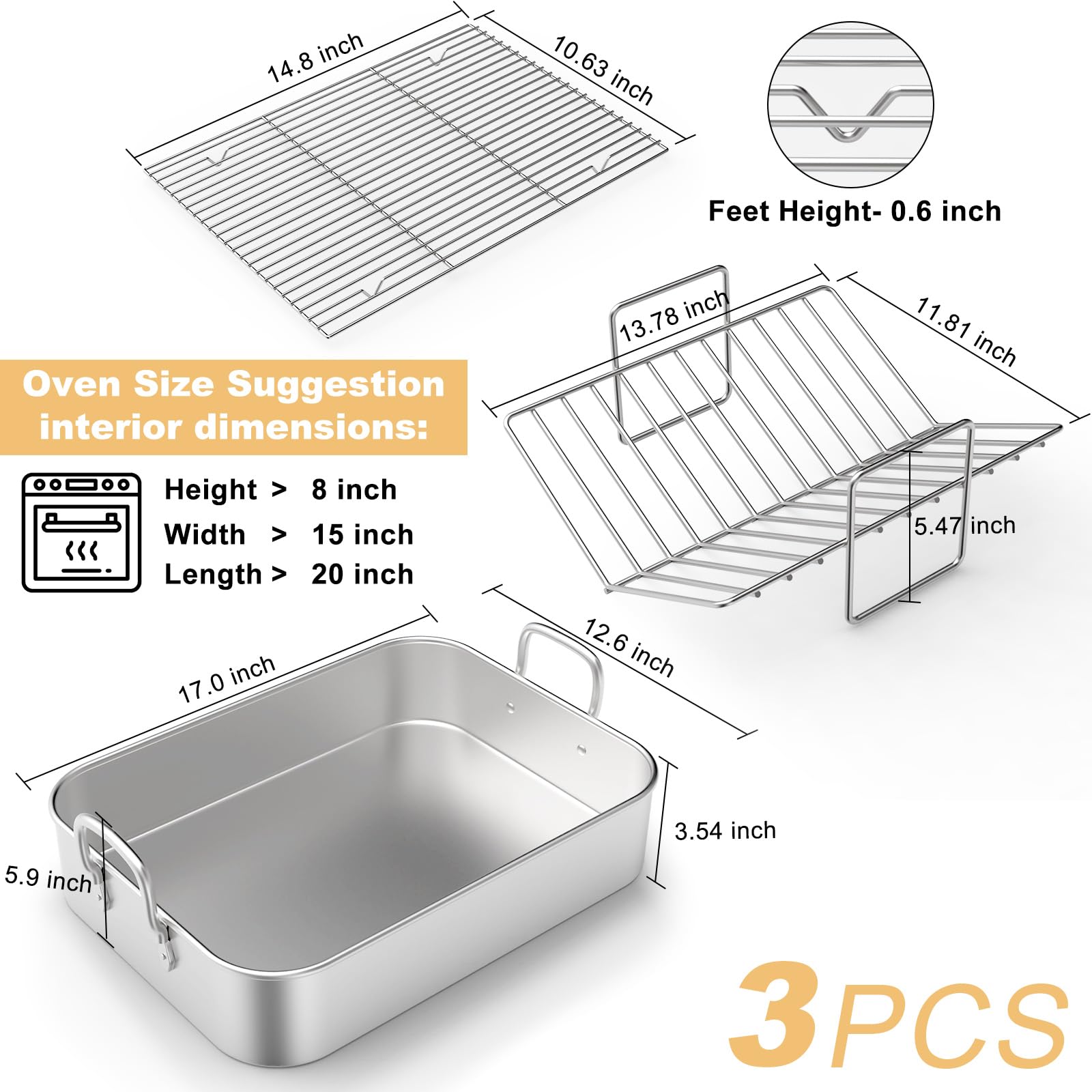 Roasting Pan, EWFEN 17*13 Inch Stainless Steel Turkey Roaster with Rack - Deep Broiling Pan & V-shaped Rack & Flat Rack, Non-toxic & Heavy Duty, Great for Thanksgiving Christmas Roast Chicken Lasagna