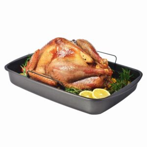 bakeley roasting pan, nonstick roaster pan with rack, turkey roasting pan with v rack, 19 inch x 13 inch, black