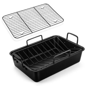 teamfar roasting pan, 15’’ nonstick deep lasagna brownie turkey pan with v-shaped rack & cooling rack, with stainless steel core & nonstick coating, healthy & sturdy handles, easy to clean, set of 3