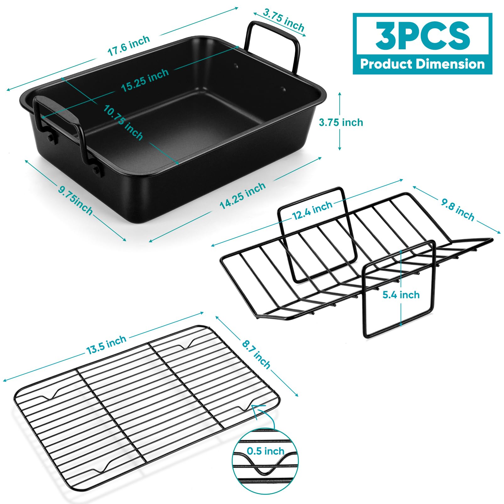 TeamFar Roasting Pan, 15’’ Nonstick Deep Lasagna Brownie Turkey Pan with V-Shaped Rack & Cooling Rack, with Stainless Steel Core & Nonstick Coating, Healthy & Sturdy Handles, Easy to Clean, Set of 3