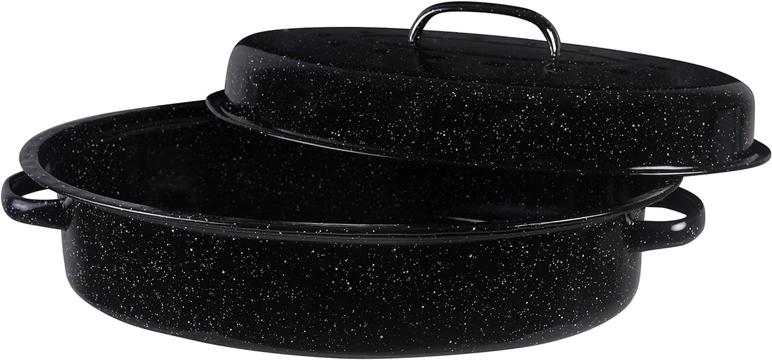 Bovado 15.5" Enamel Oval Turkey Roaster with Lid - 12lb Capacity, Nonstick, Dishwasher Safe