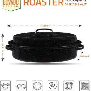 Bovado 15.5" Enamel Oval Turkey Roaster with Lid - 12lb Capacity, Nonstick, Dishwasher Safe