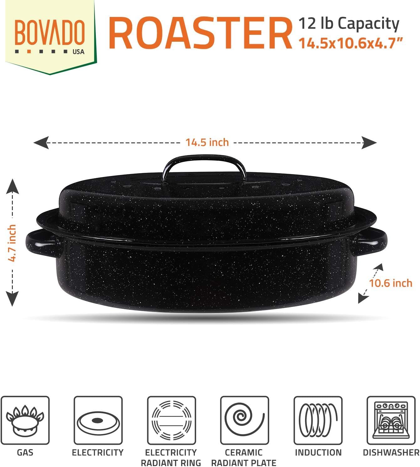 Bovado 15.5" Enamel Oval Turkey Roaster with Lid - 12lb Capacity, Nonstick, Dishwasher Safe