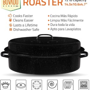 Bovado 15.5" Enamel Oval Turkey Roaster with Lid - 12lb Capacity, Nonstick, Dishwasher Safe