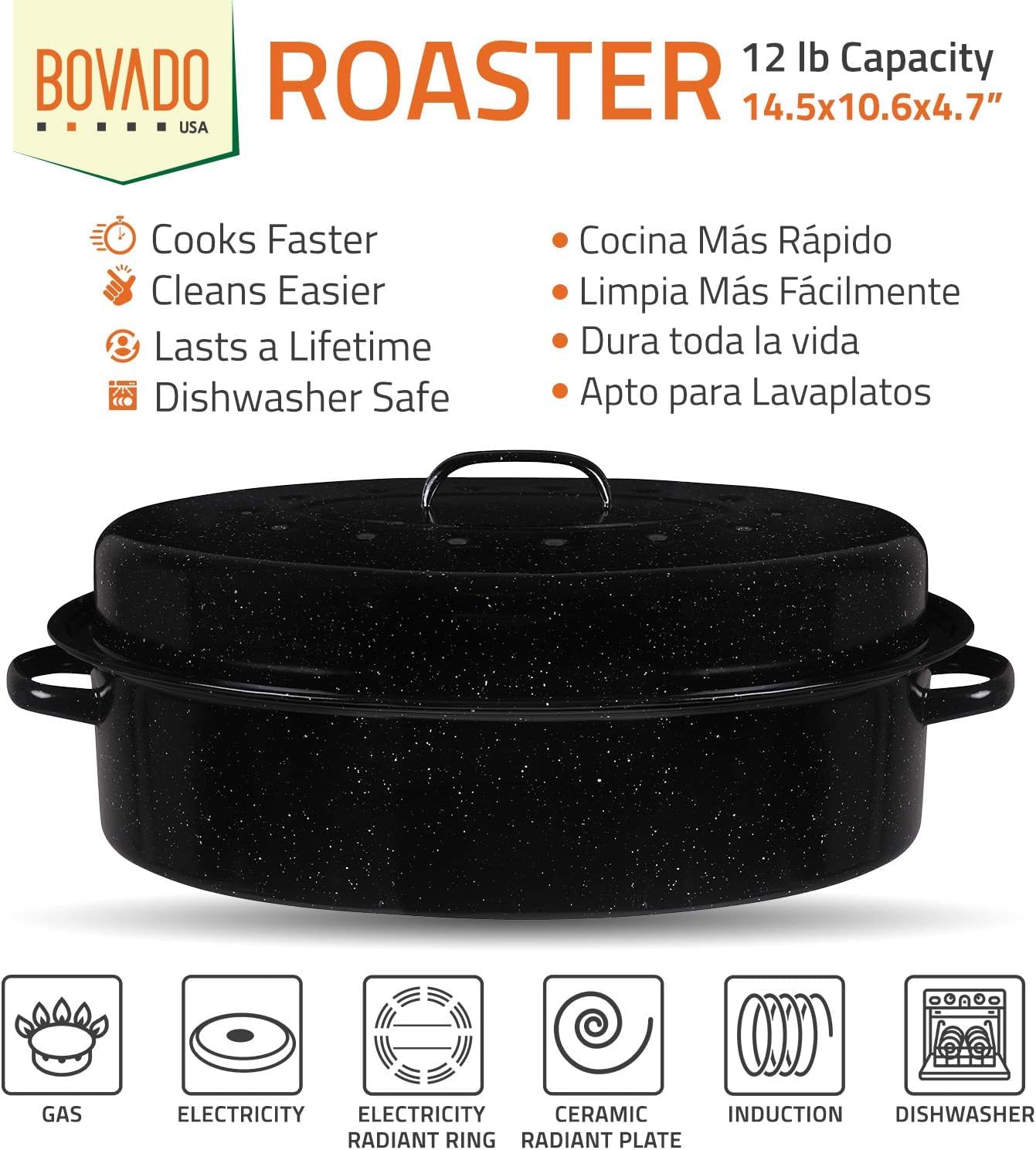 Bovado 15.5" Enamel Oval Turkey Roaster with Lid - 12lb Capacity, Nonstick, Dishwasher Safe