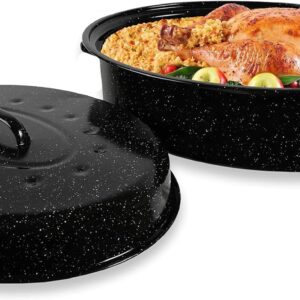 Bovado 15.5" Enamel Oval Turkey Roaster with Lid - 12lb Capacity, Nonstick, Dishwasher Safe