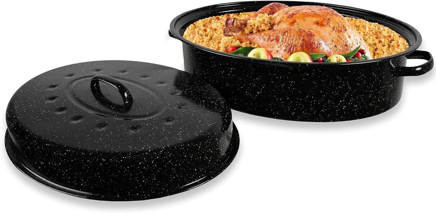 Bovado 15.5" Enamel Oval Turkey Roaster with Lid - 12lb Capacity, Nonstick, Dishwasher Safe