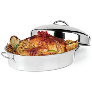 ovente oval stainless steel roasting pan, 16” oven roaster and baking tray with lid & flat rack, nonstick bakeware dish ideal for cooking turkey, roasted chicken, beef or veggies, silver cwr32161s