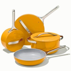 caraway nonstick ceramic cookware set (12 piece) pots, pans, lids and kitchen storage - oven safe & compatible with all stovetops - marigold