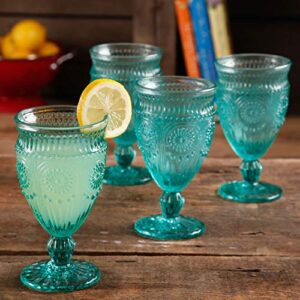 the pioneer woman adeline embossed 12-ounce footed glass goblets, set of 4 (turquoise) (pack of 4)