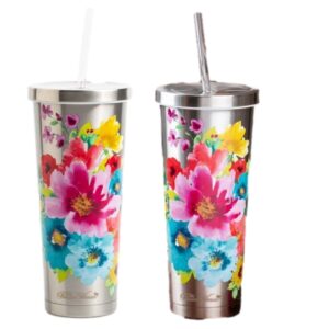 the pioneer women pioneer woman stainless vacuum insulated tumbler | breezy floral 24-ounce eco freidndly double wall vacuum insulated stainless steel tumbler for hot and cold beverages ( pack of 2)