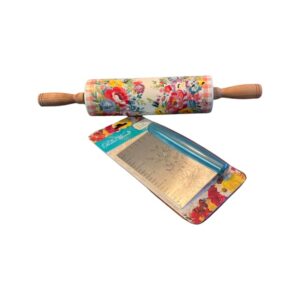 pioneer woman sweet romance vintage ceramic rolling pin with pw dough cutter, brown