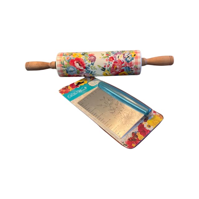 Pioneer Woman Sweet Romance Vintage Ceramic Rolling Pin with PW Dough Cutter, Brown